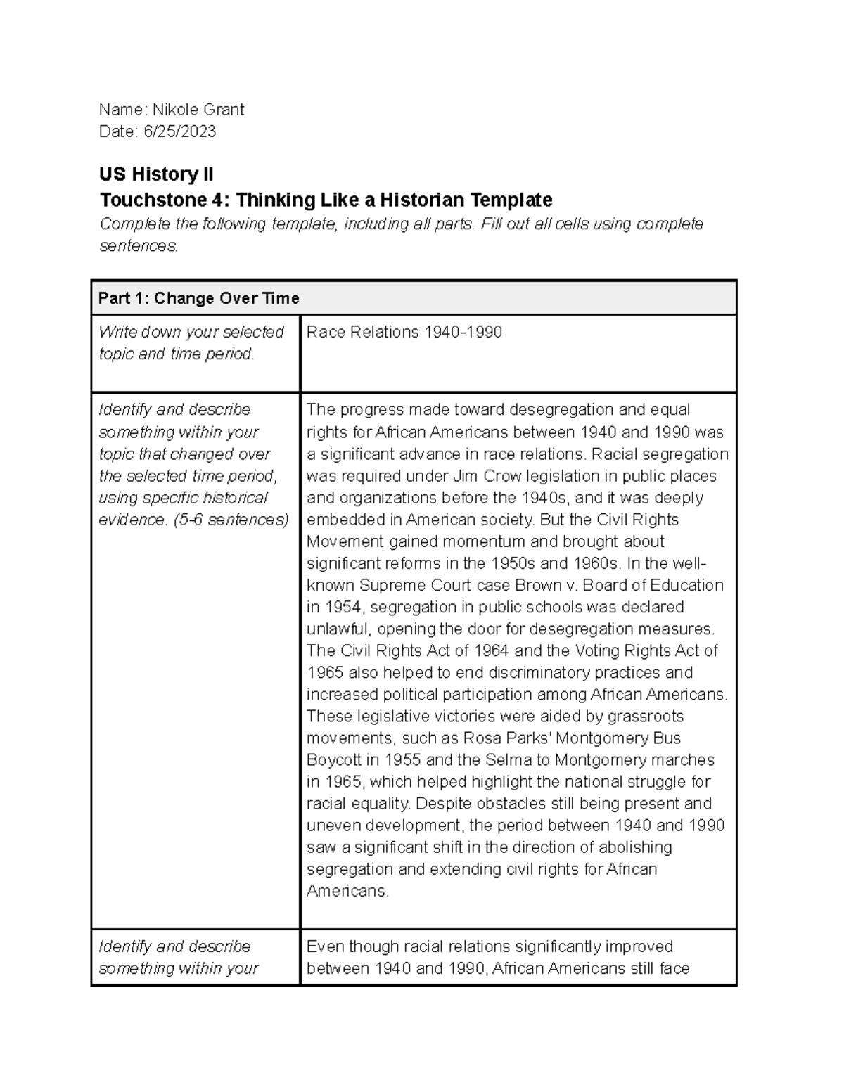 US History II Touchstone 4: Race Relations & Civil Rights Evolution ...