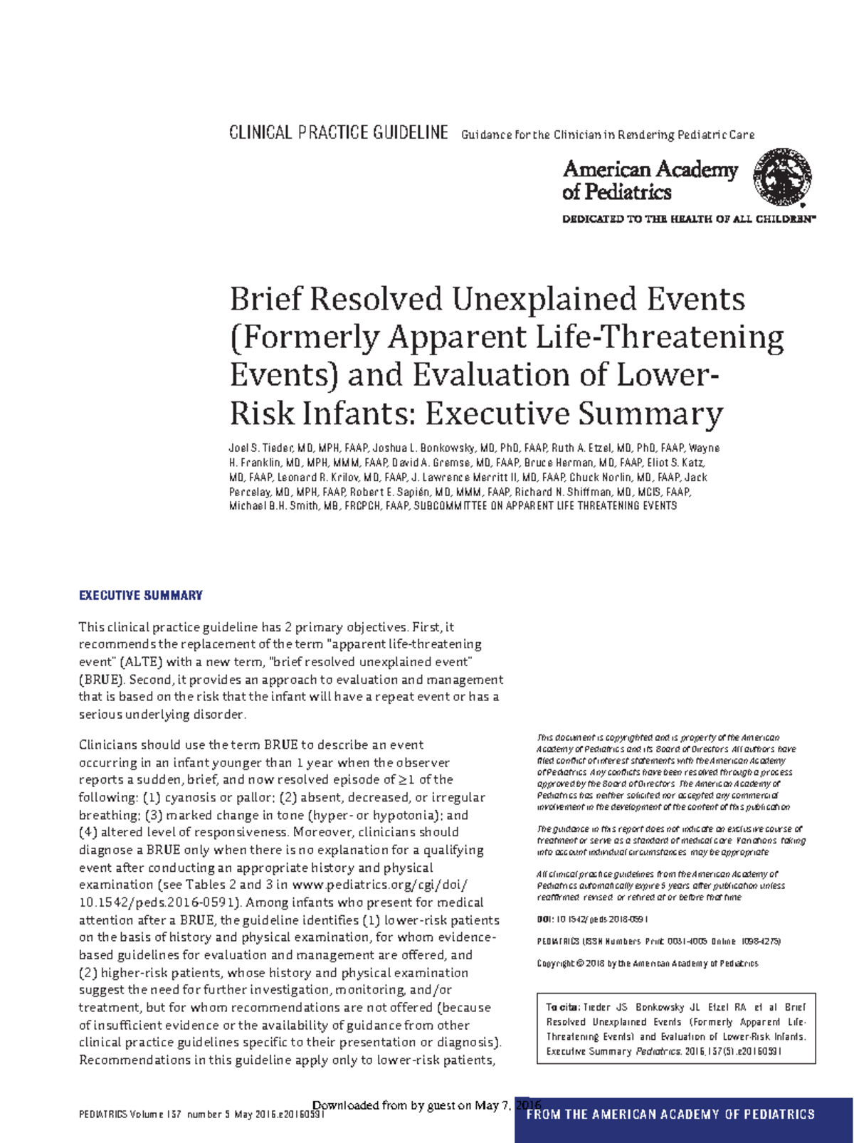 BRUE ALTE - BRUE - PEDIATRICS Volume 137 , number 5 , May 2016 :e ...