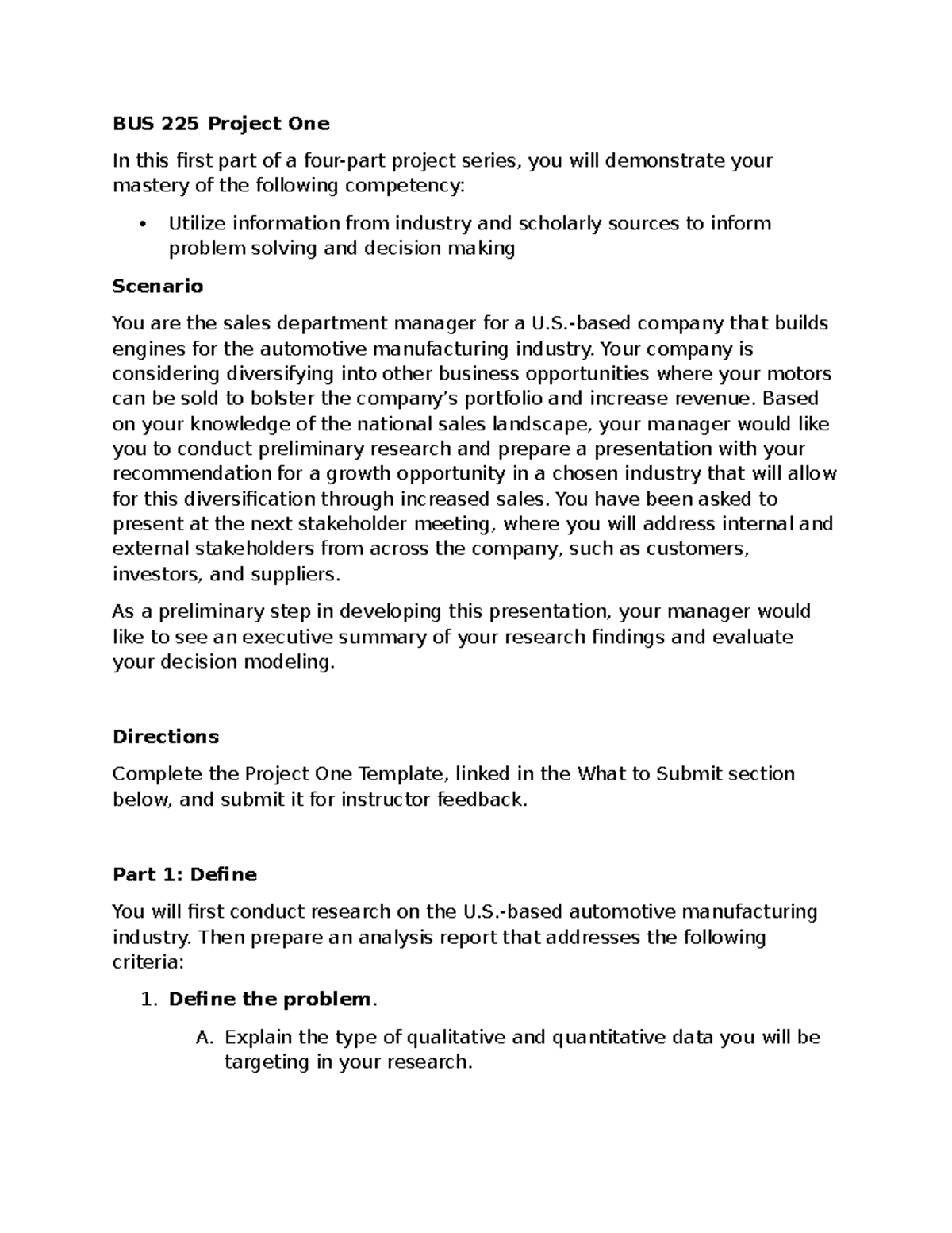 BUS 225 Project One: Industry Analysis for Engine Diversification - Studocu