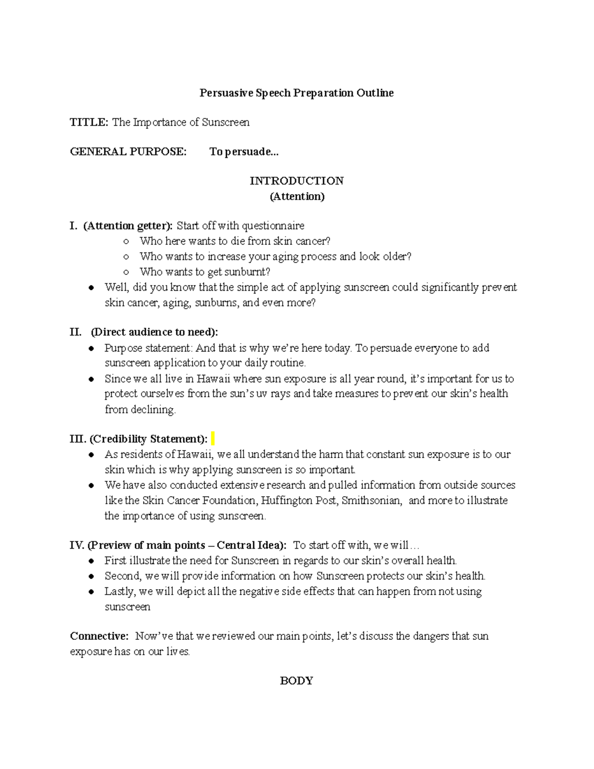 Group Persuasion Speech - Persuasive Speech Preparation Outline TITLE ...