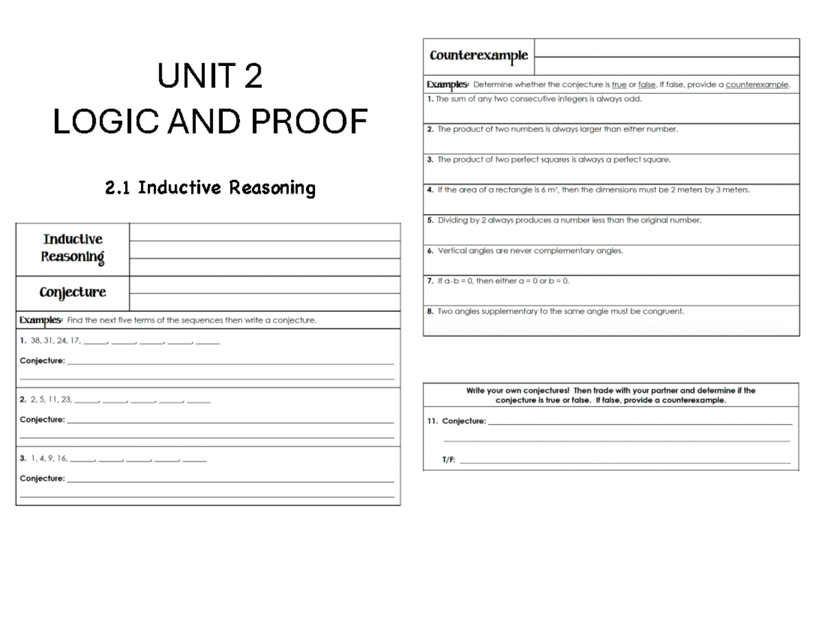 UNIT 2 - Unit Notes - UNIT 2 LOGIC AND PROOF 2 Inductive Reasoning 2 ...