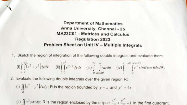 MA23C01 Matrices & Calculus: Unit IV Multiple Integrals Problem Sheet - Studocu