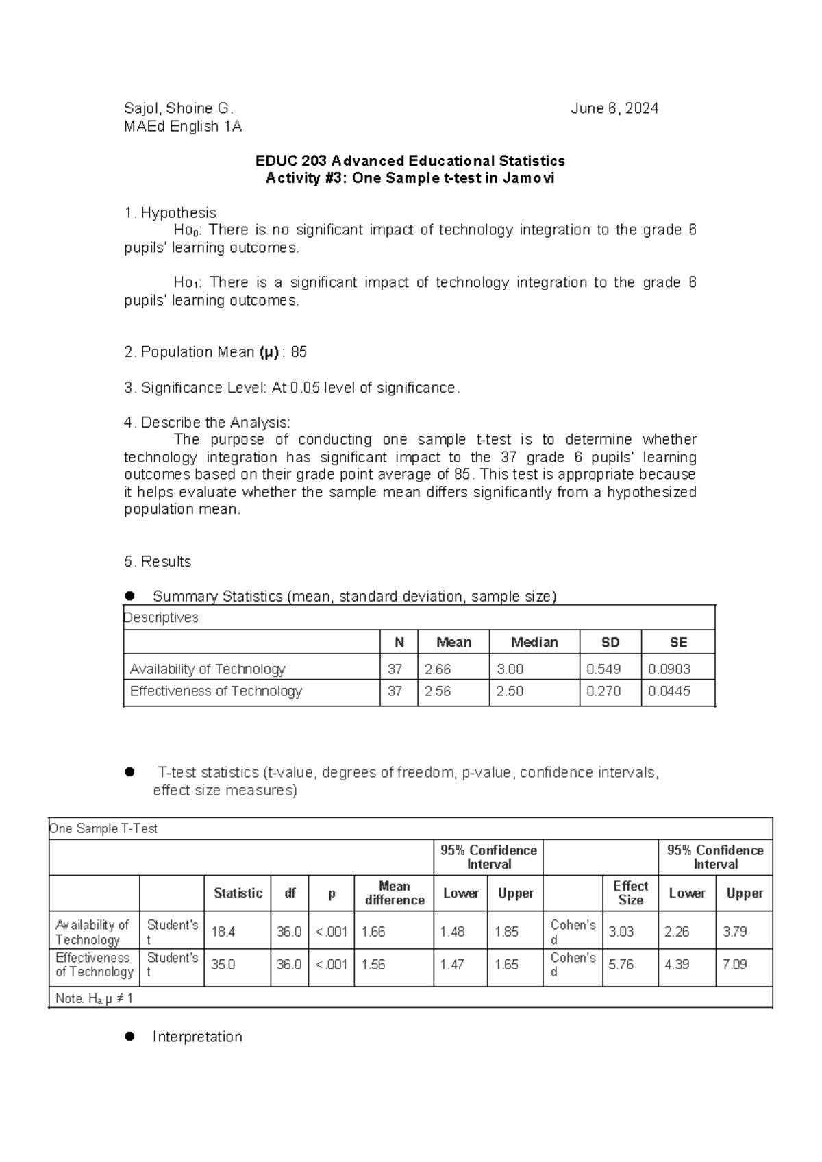 EDUC 203 Advanced Educational Statistics: One Sample t-test Analysis ...