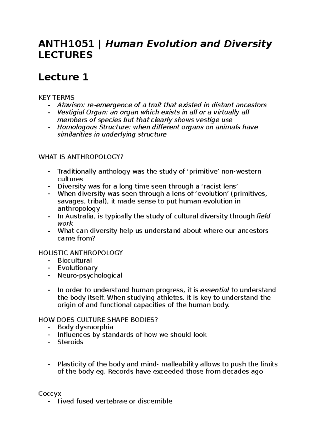 ANTH1051 Lecture Notes: Human Evolution & Diversity Overview - Studocu