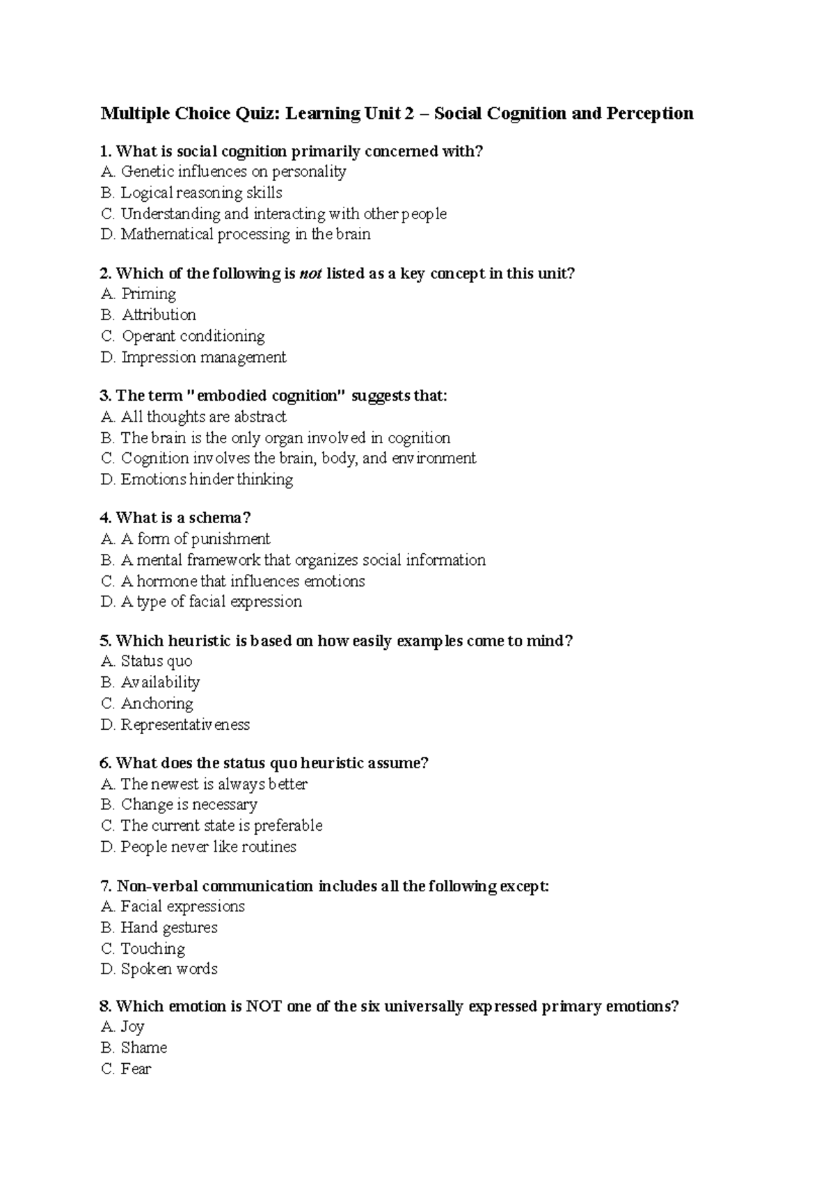 Quiz: Unit 2 - Social Cognition and Perception (MCQ) - Studocu