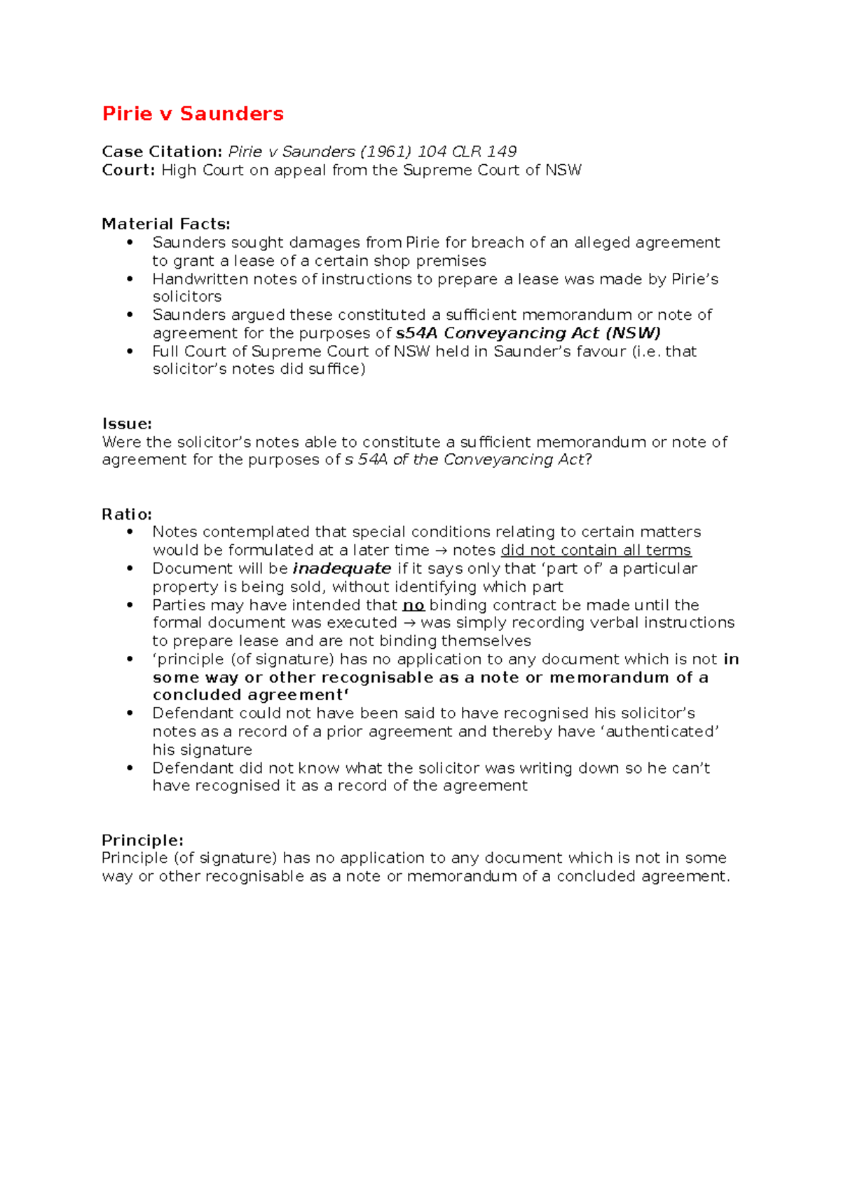 Pirie v Saunders Case Summary - Legal Principles & Findings - Studocu