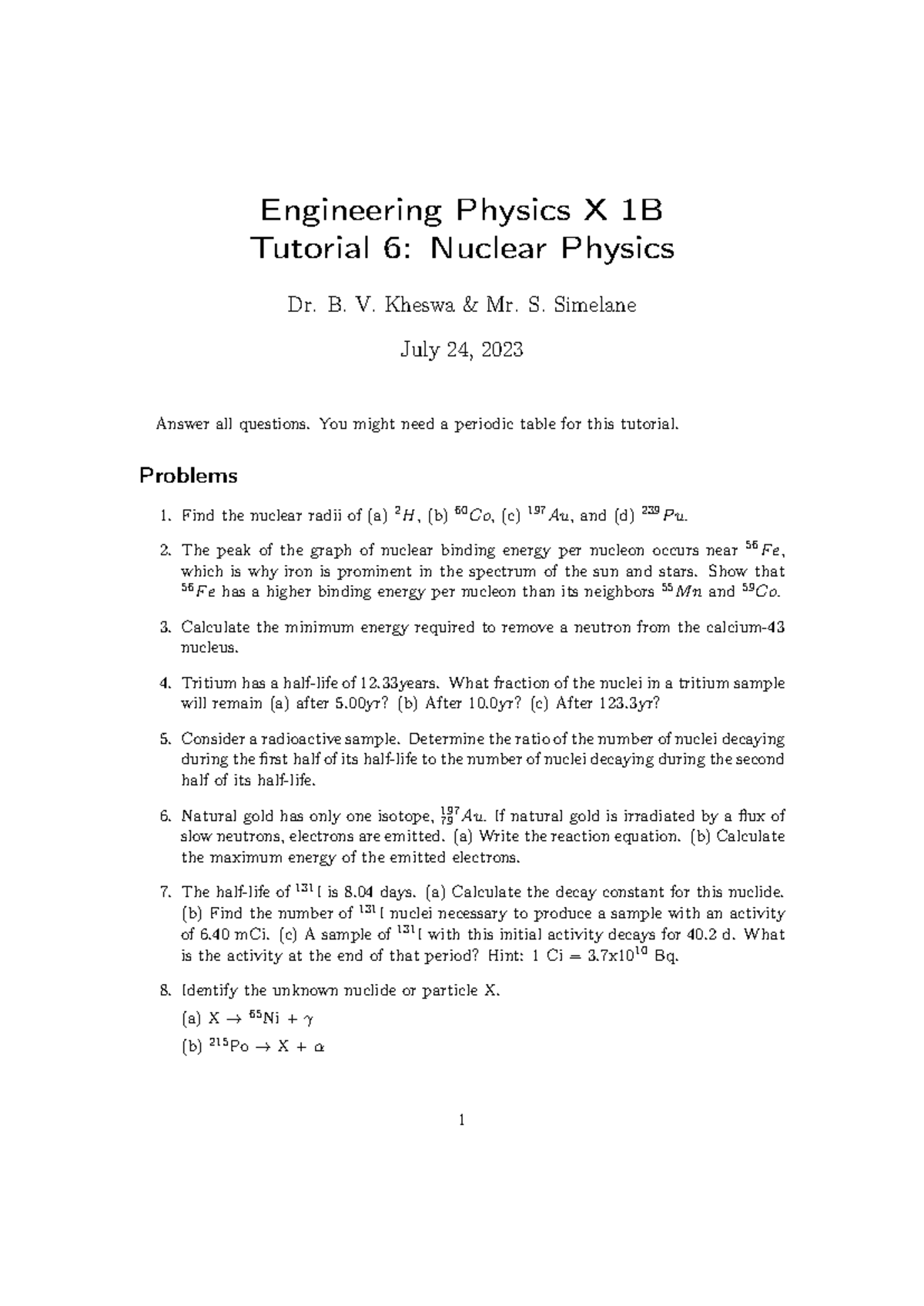 Engineering Physics X 1B Tutorial 6: Nuclear Physics Problems and Solutions - Studocu