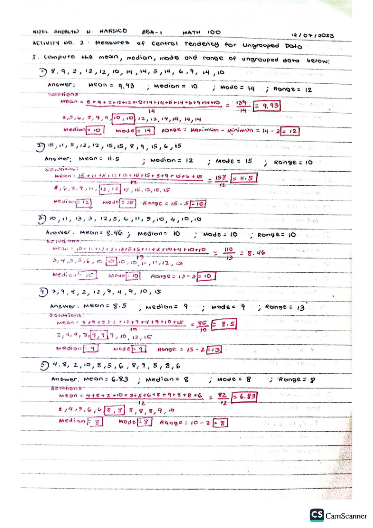 Narsico BSA 1A MATH 100 activity 2: Measures of central tendency - Studocu
