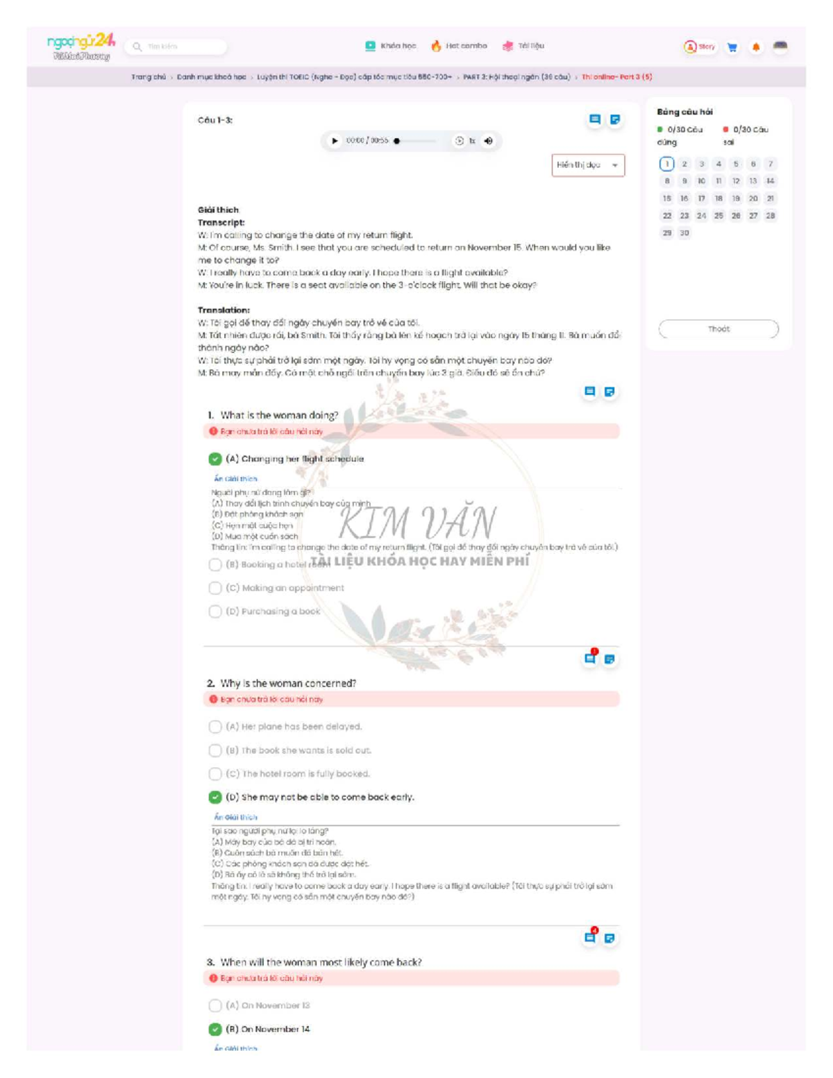 Screencapture ngoaingu 24h: Bài học thi online TOEIC Part 3 - Studocu