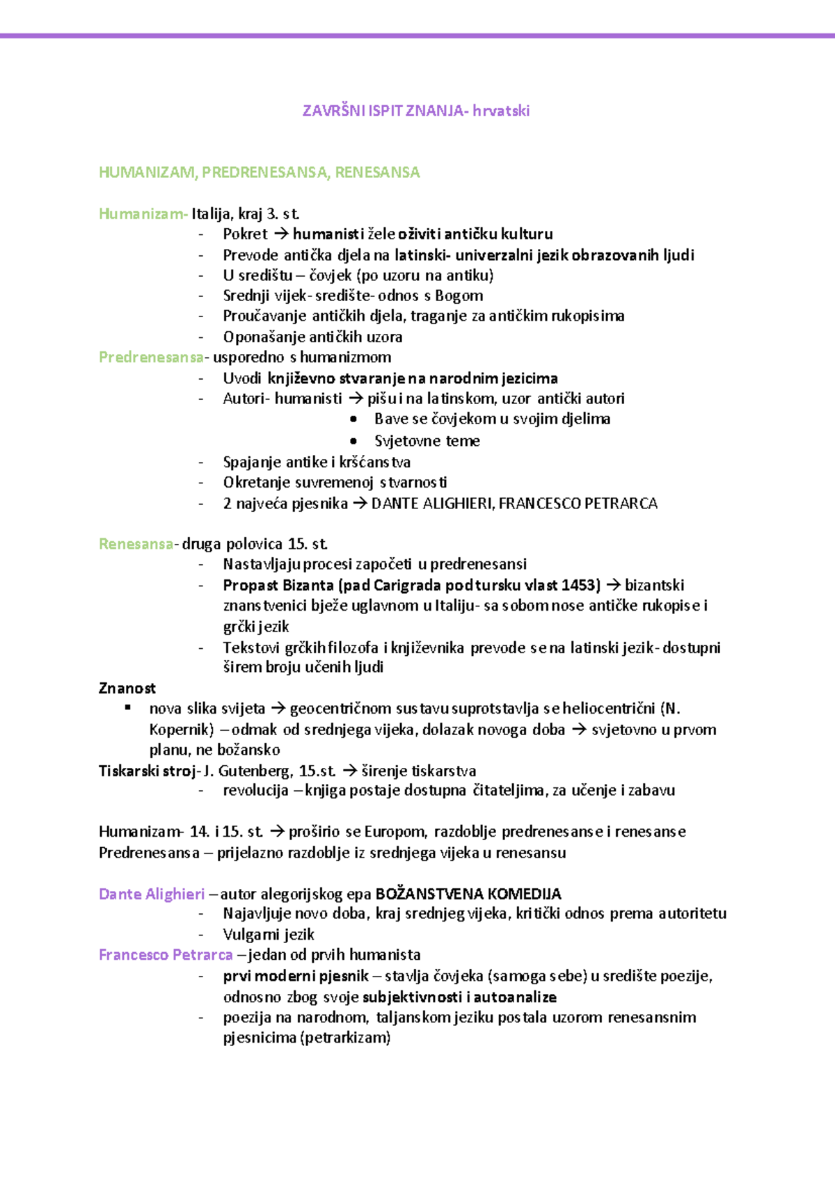 Završni ispit iz hrvatskoga jezika, 2. razred - Humanizam i Renesansa ...
