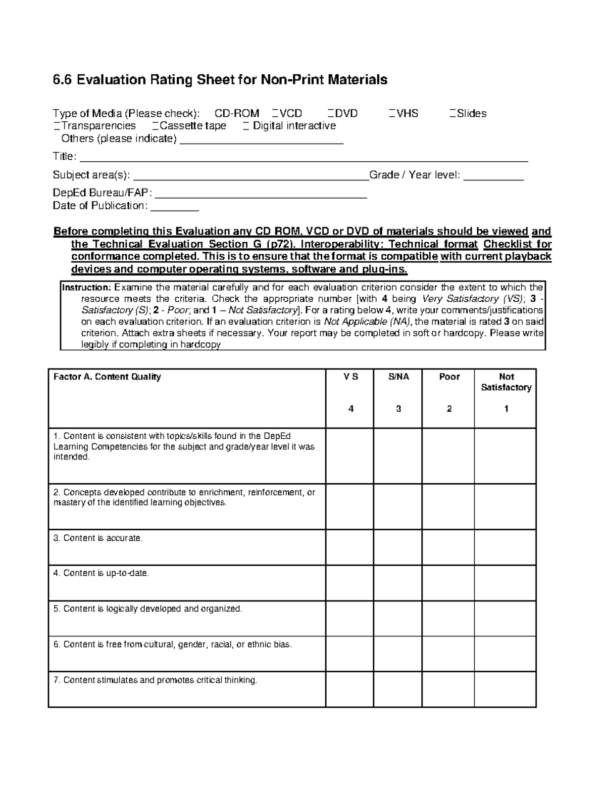 Evaluation Rating Form for Non-Print Media Materials - Studocu