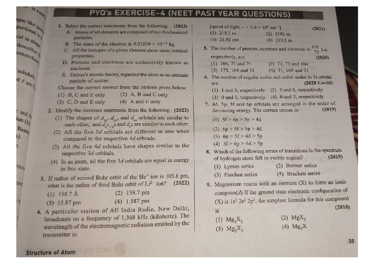PYQS for NEET: Structure of Atoms (2022) - Studocu
