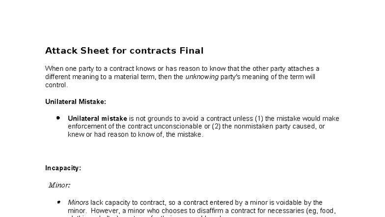 Contracts Final Exam Attack Sheet: Key Concepts & Defenses - Studocu