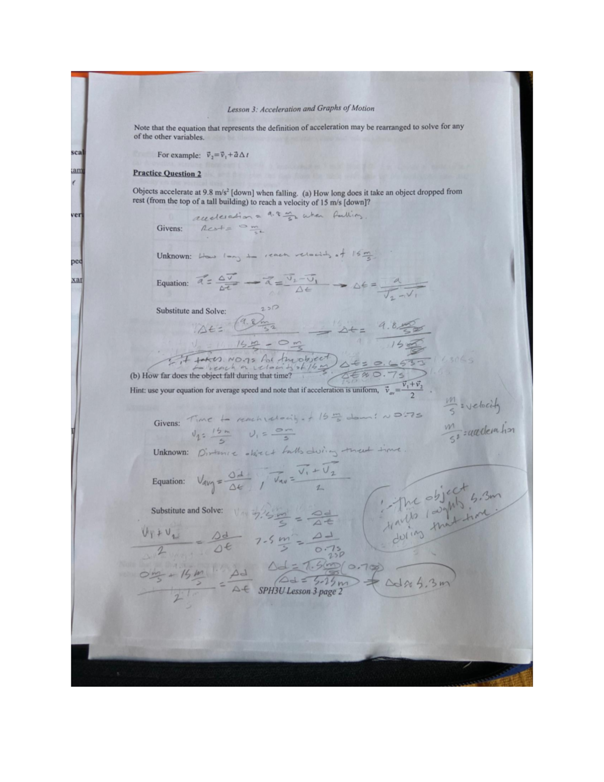 SPH3U Lesson 3: Acceleration & Graphs of Motion Practice Questions - Studocu