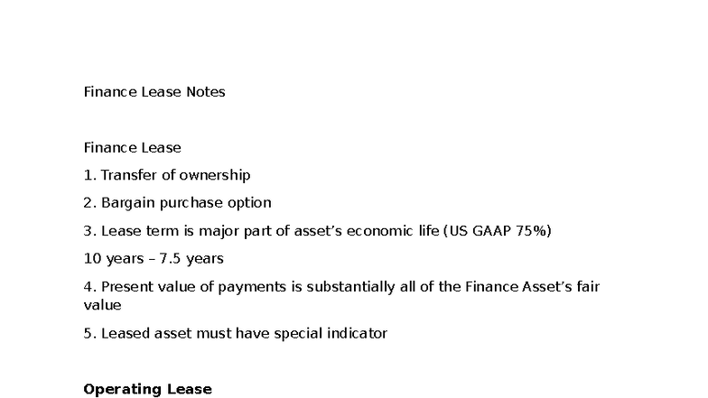 Finance Lease Notes: Key Concepts and Journal Entries - Studocu