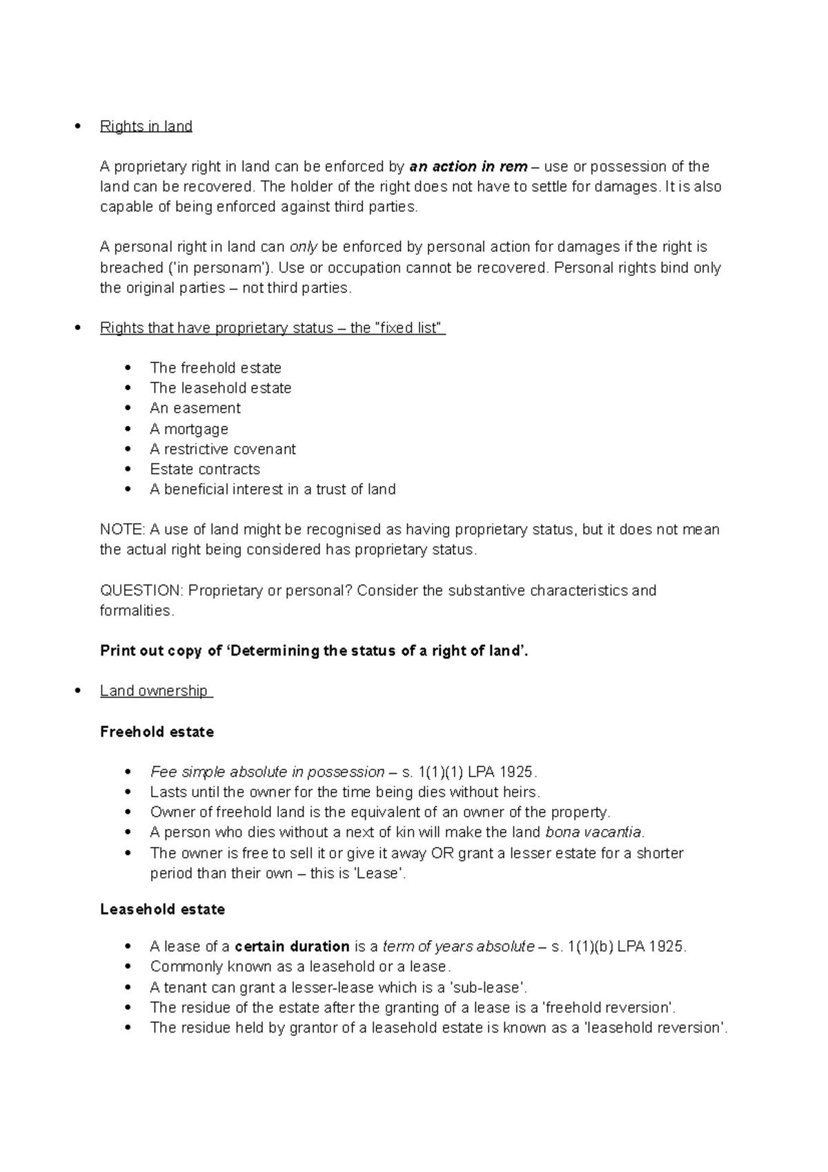 1 Introduction to Land Notes - Rights in land A proprietary right in ...