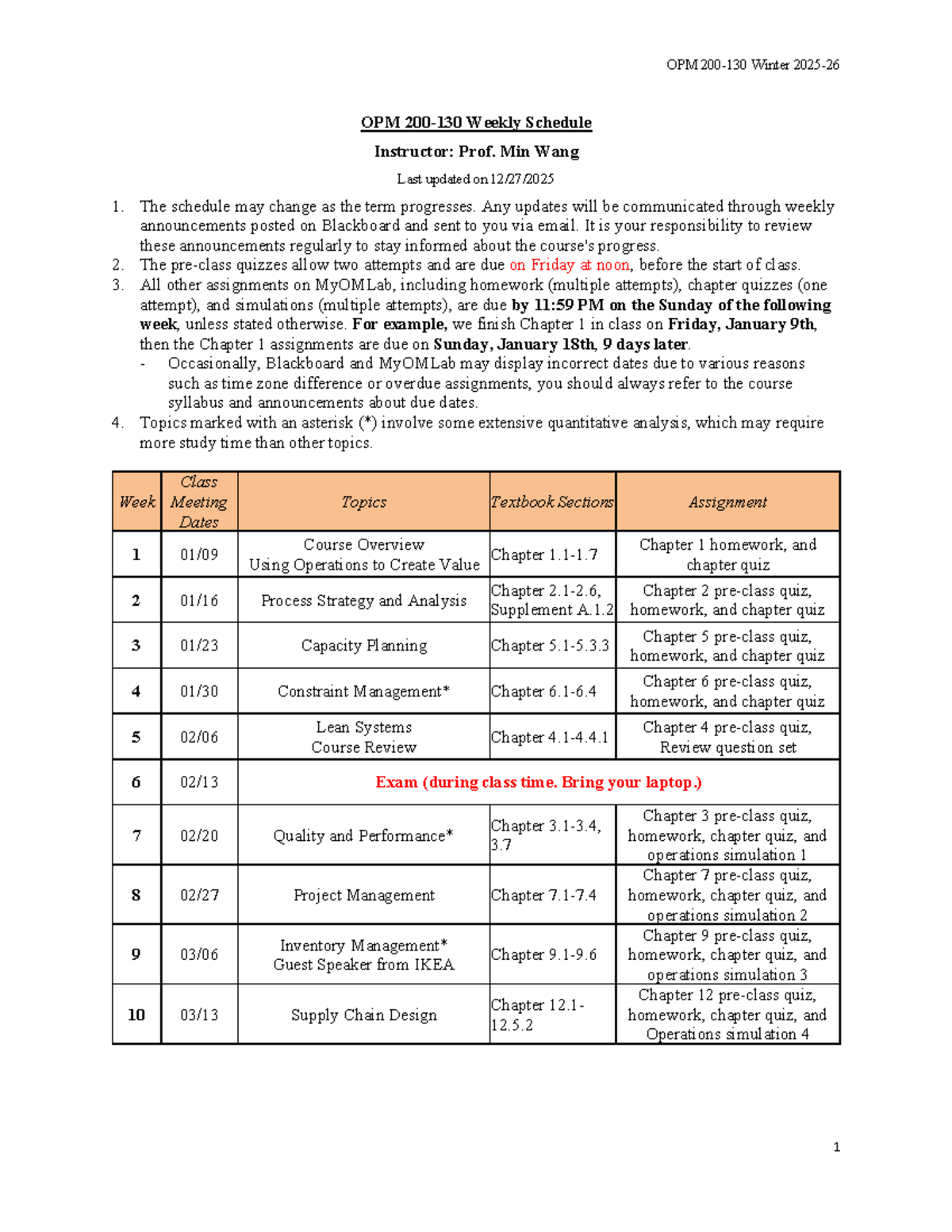 OPM 200: Winter 2025 Weekly Schedule & Course Guidelines - Studocu