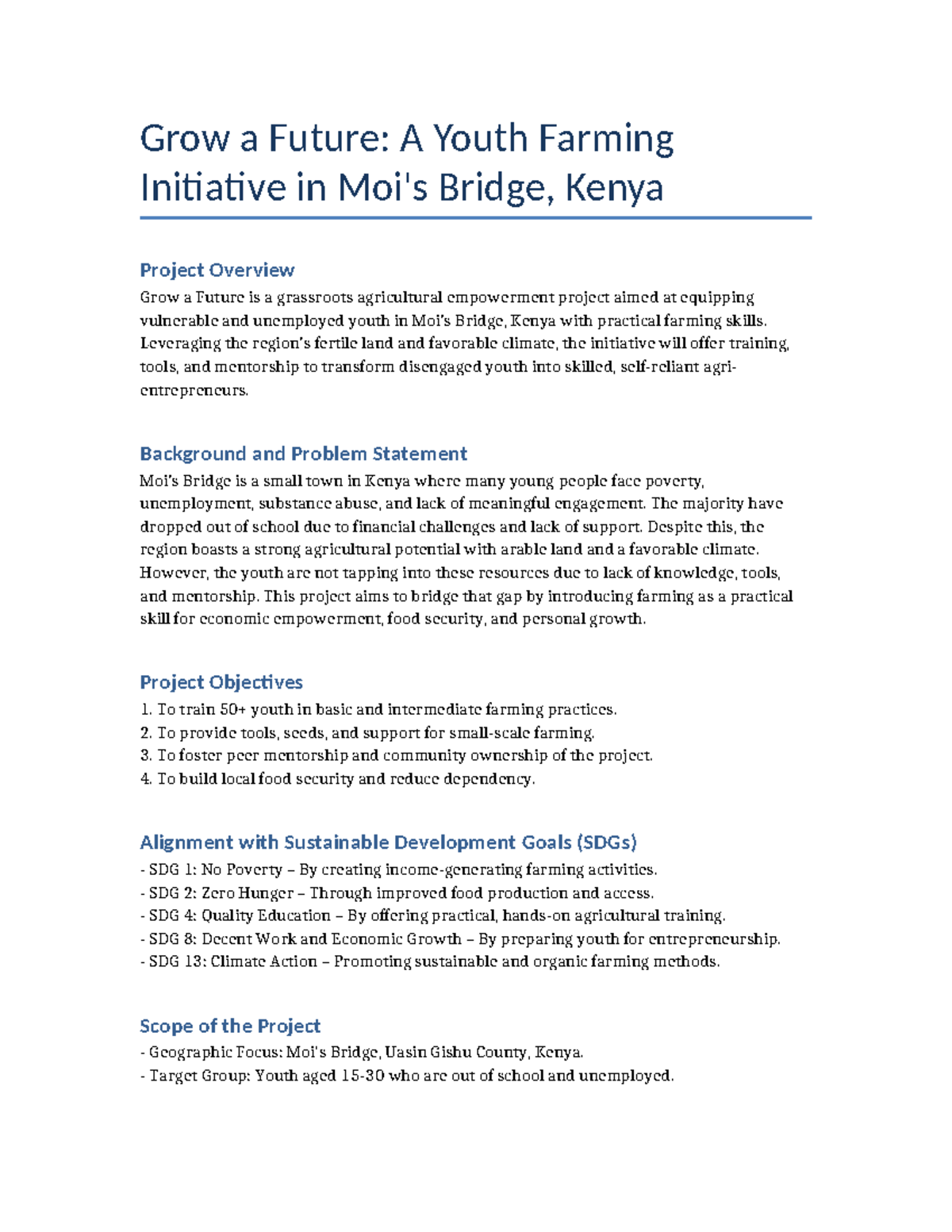 Grow A Future: Youth Farming Initiative Project Proposal in Kenya - Studocu