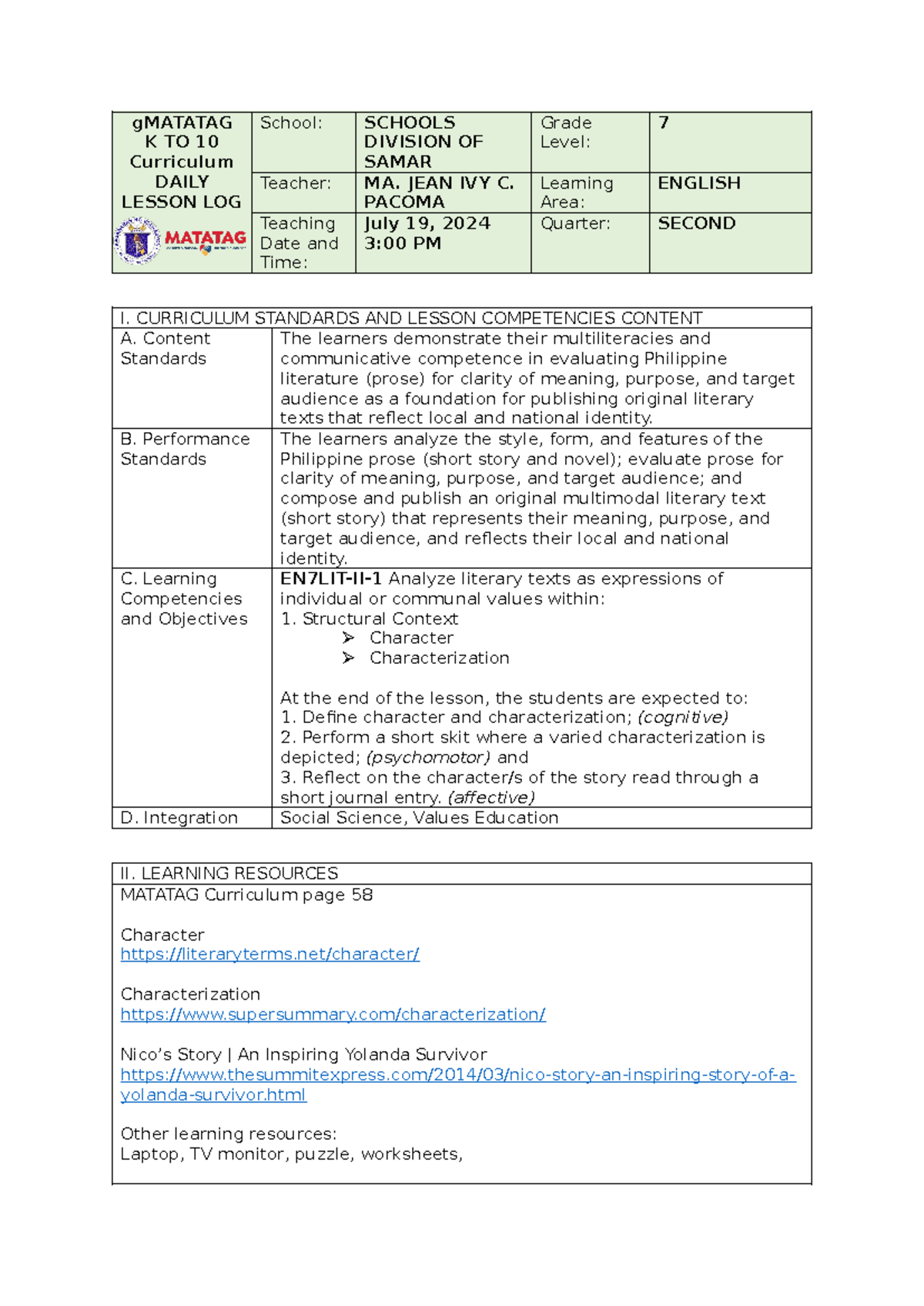 Matatag Curriculum English Lesson Plan for Grade 7 (Q2) - Studocu