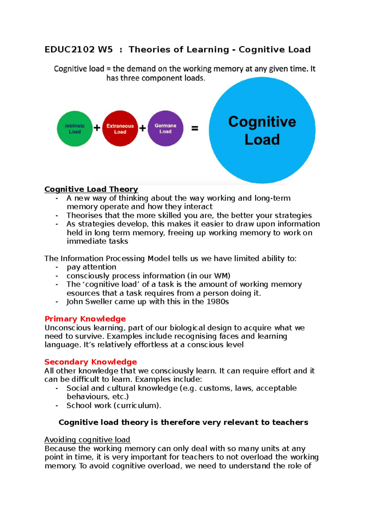 EDUC2102 W5: Cognitive Load Theory and Its Implications for Teaching - Studocu