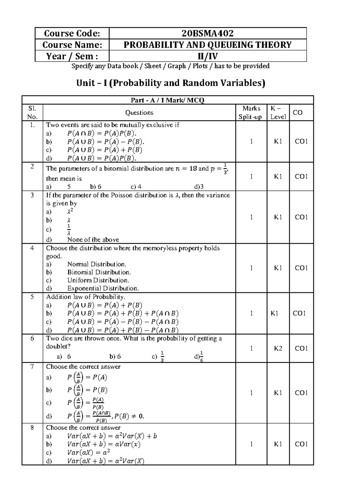 20BSMA402 PROBABILITY AND QUEUEING THEORY: MCQs & Key Concepts - Studocu