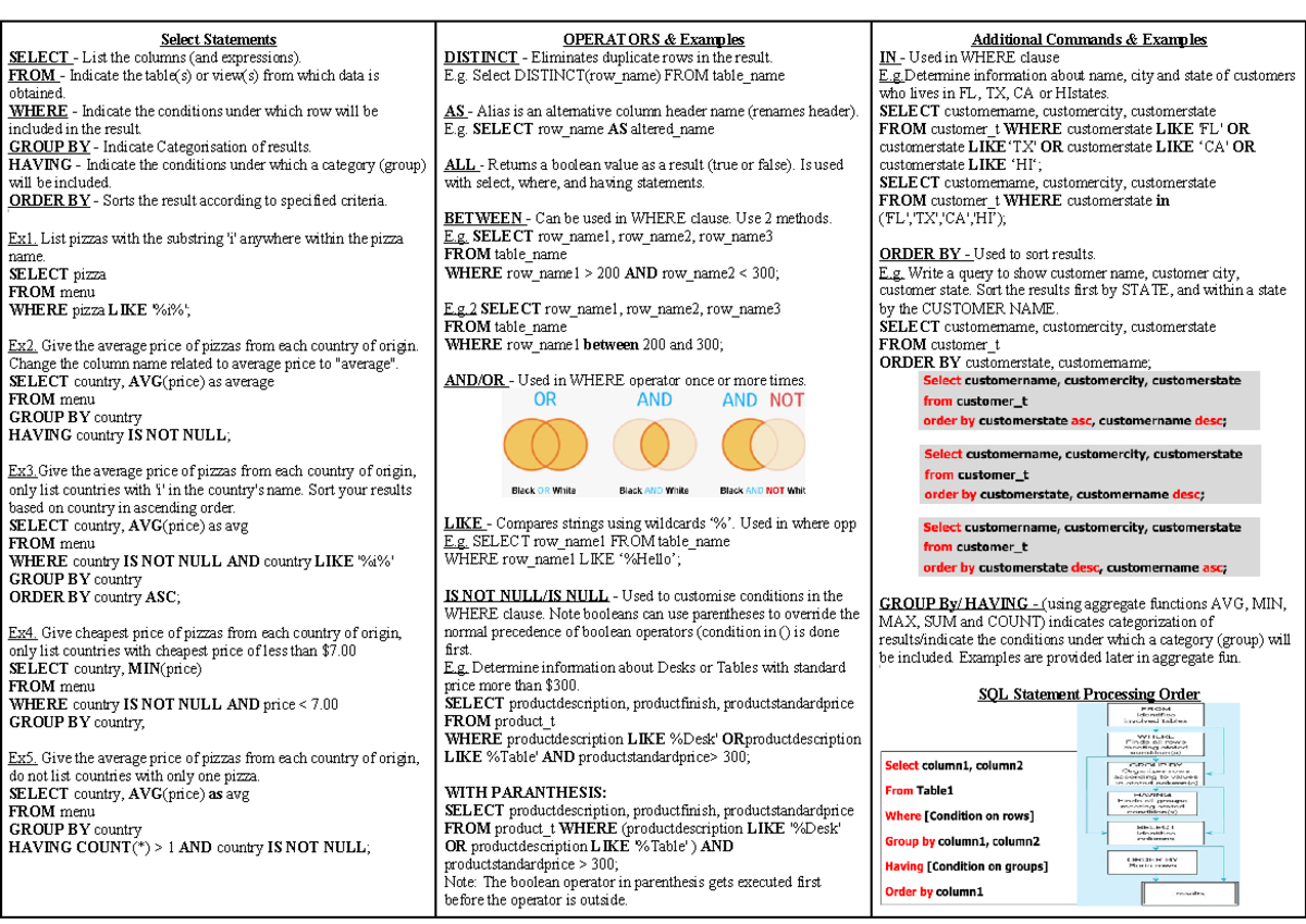 SQL Exam Notes: Select Statements, Queries, and Joins Explained - Studocu