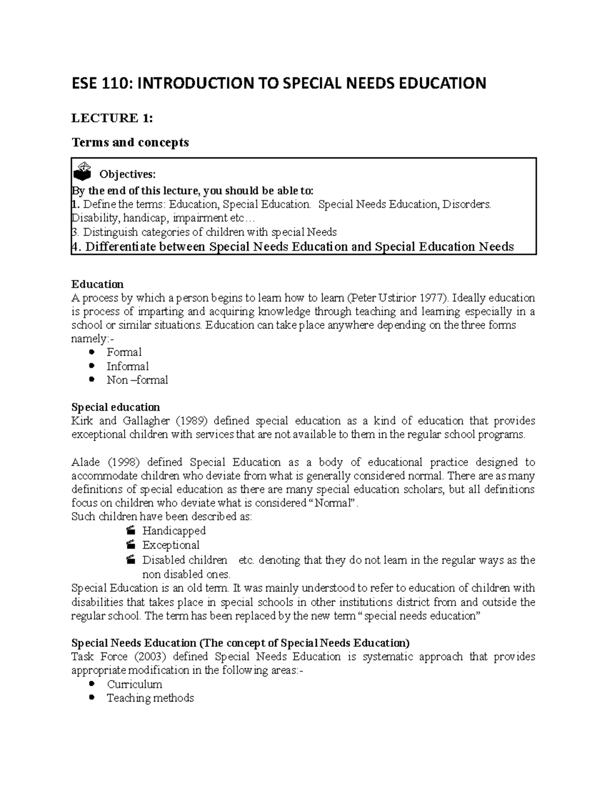 ESE 110 Lecture Notes: Key Concepts in Special Needs Education - Studocu