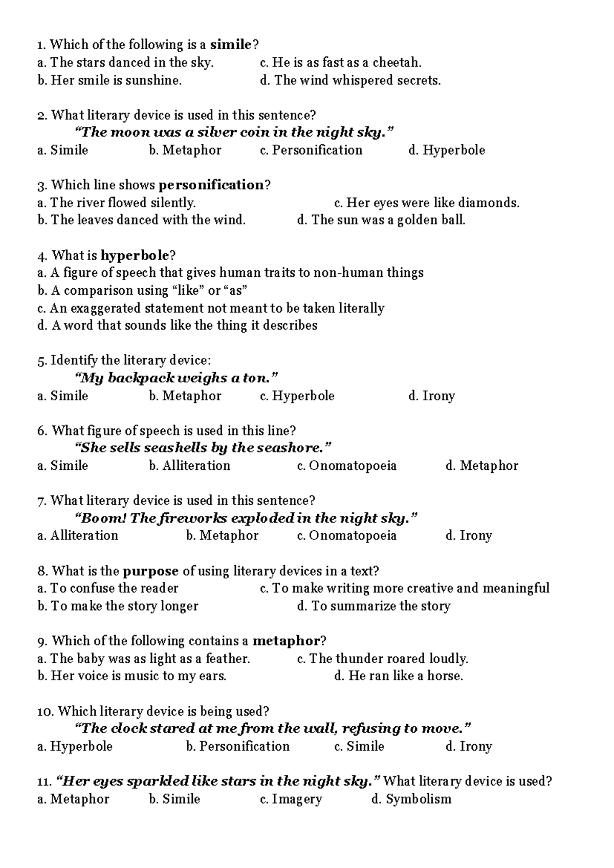 Literary Device MC Quiz: Identify Similes, Metaphors & More - Studocu