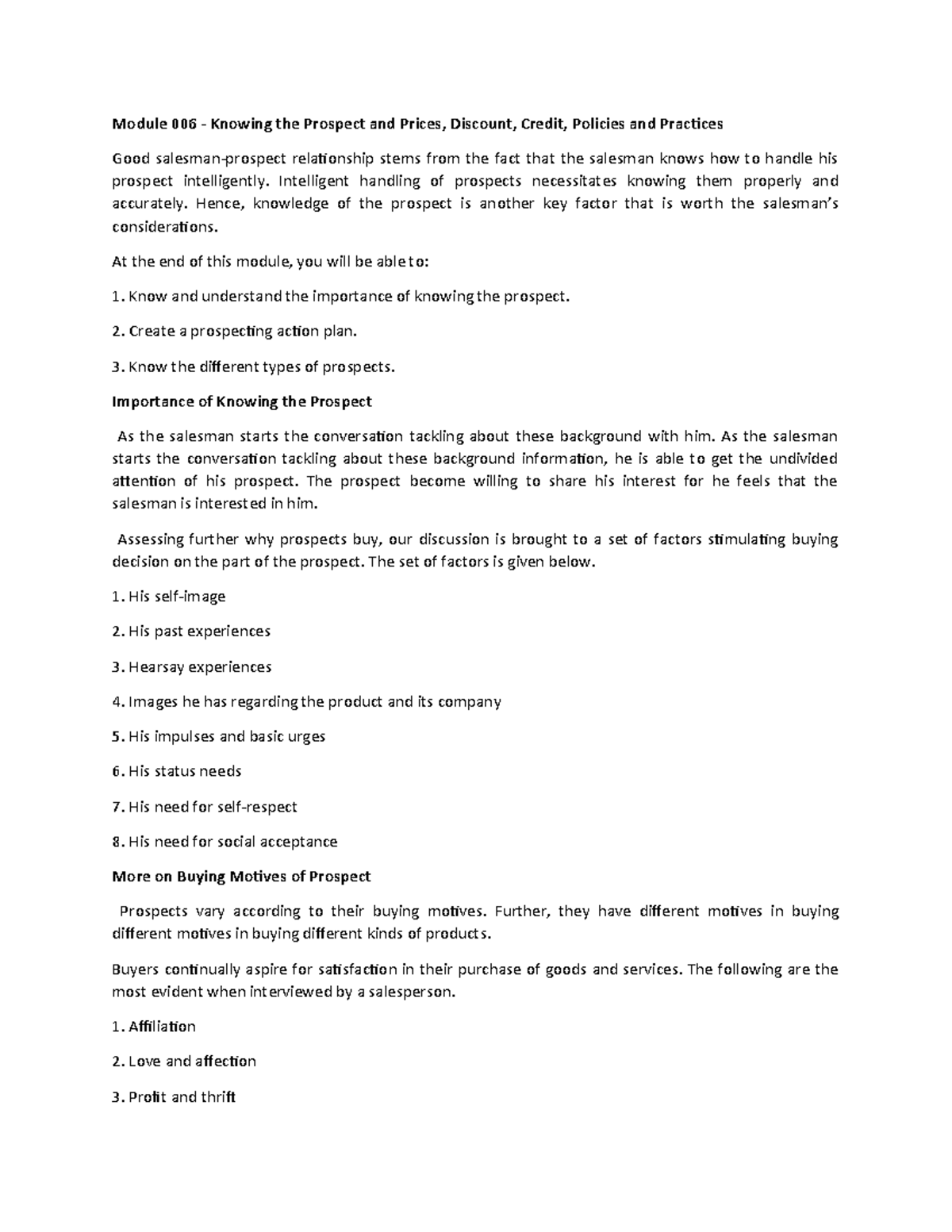 Module 006 - Lecture Notes on Prospects, Pricing, and Sales Tactics ...