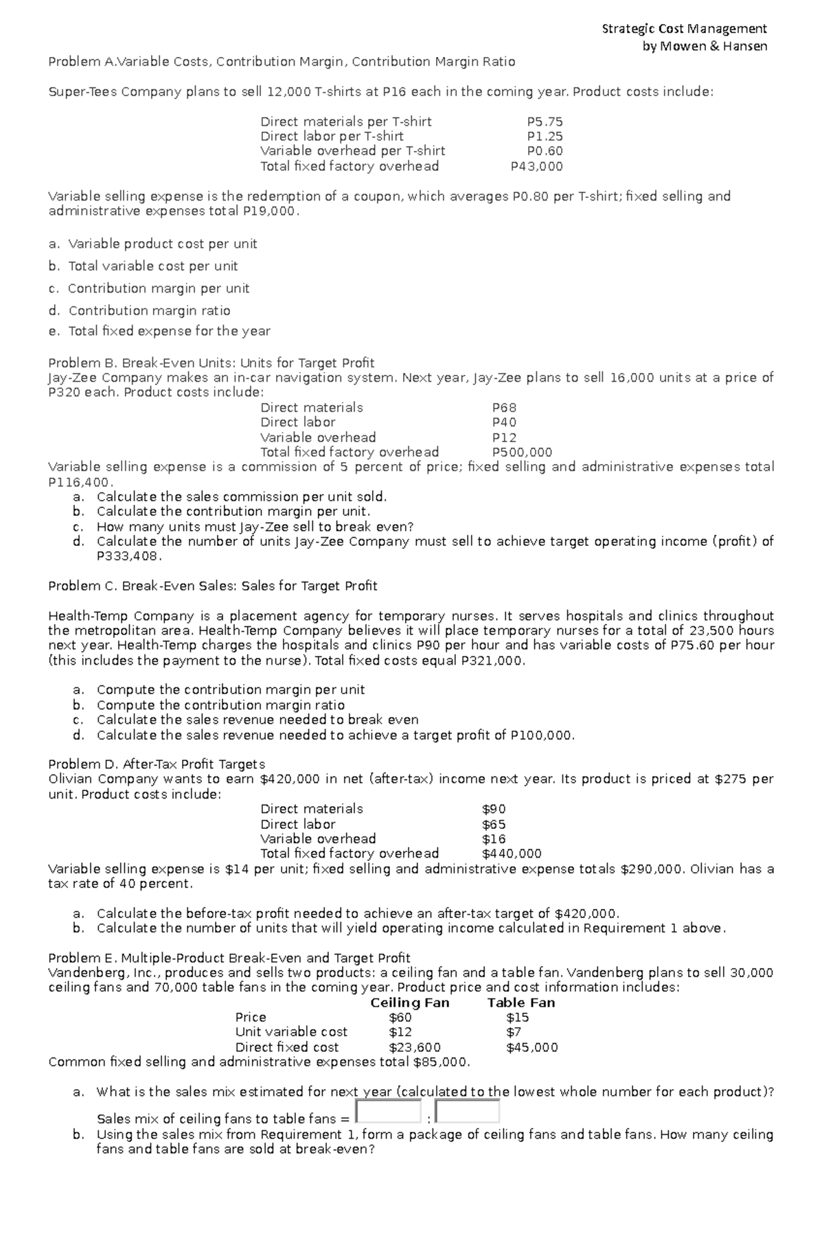 Cost Volume Profit Analysis: Strategic Management Problems & Solutions ...
