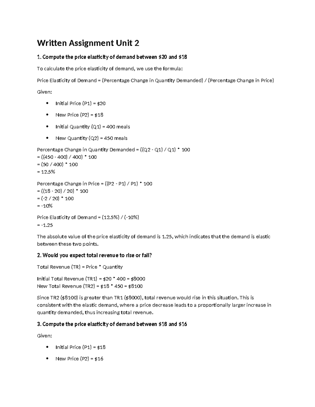 Unit 2 Written Assignment: Price Elasticity of Demand Analysis - Studocu