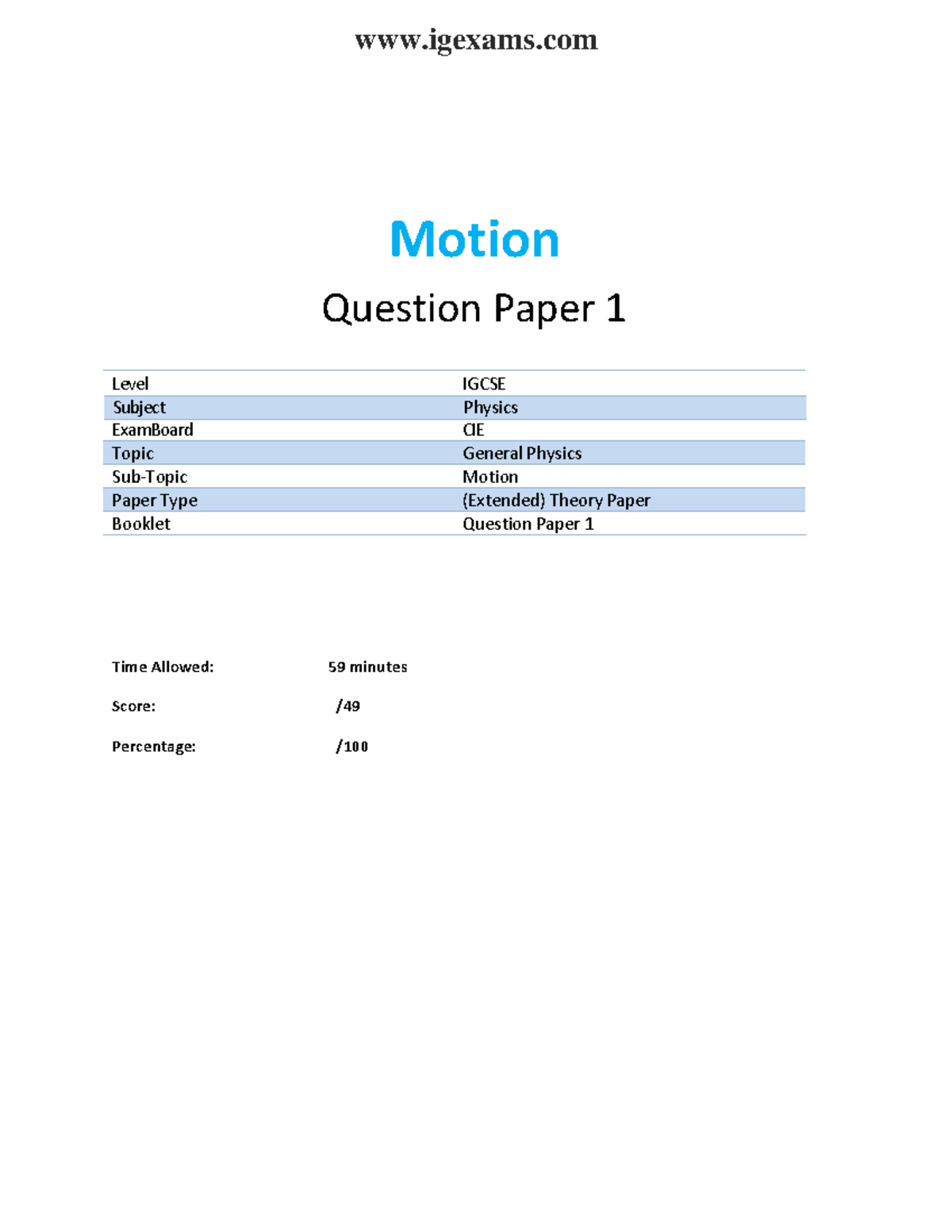 IGCSE Physics CIE Motion Exam Paper 1: Theory & Graphs - Studocu