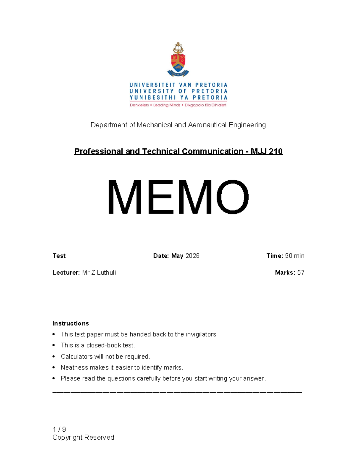 MJJ 210 Professional Communication Semester Test Memo 2026 - Studocu