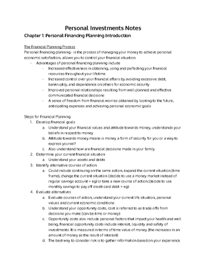 Textbook notes - Chapter 1 Personal financial planning The financial ...