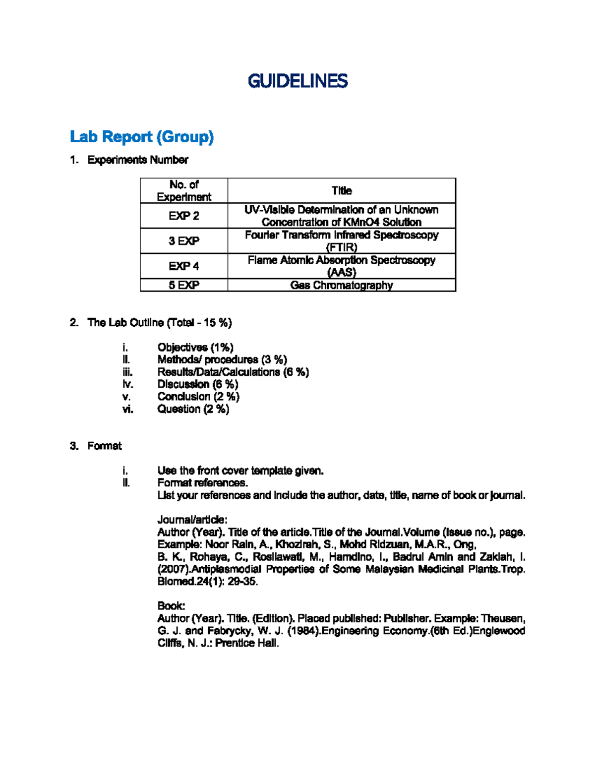Rubric lab report - GUIDELINES Lab Report (Group) 1. Experiments Number ...
