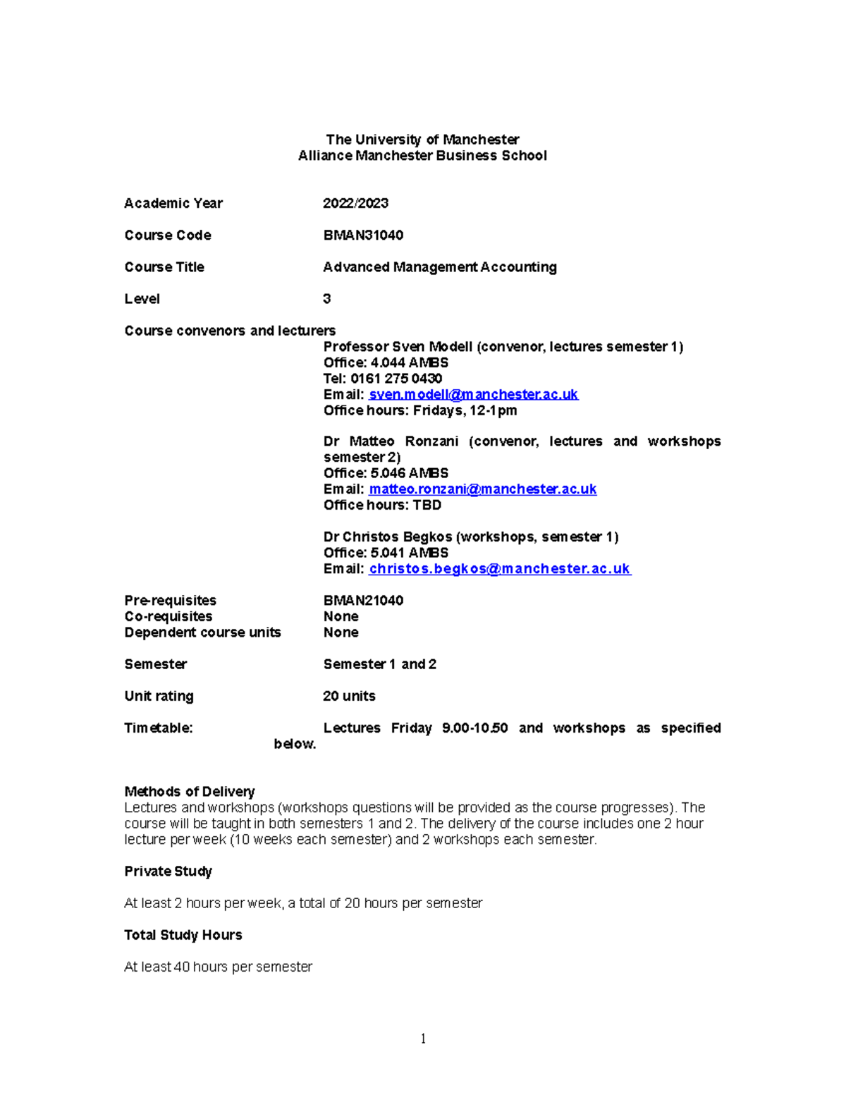 BMAN31040 Advanced Management Accounting Course Outline 2022-23 - Studocu