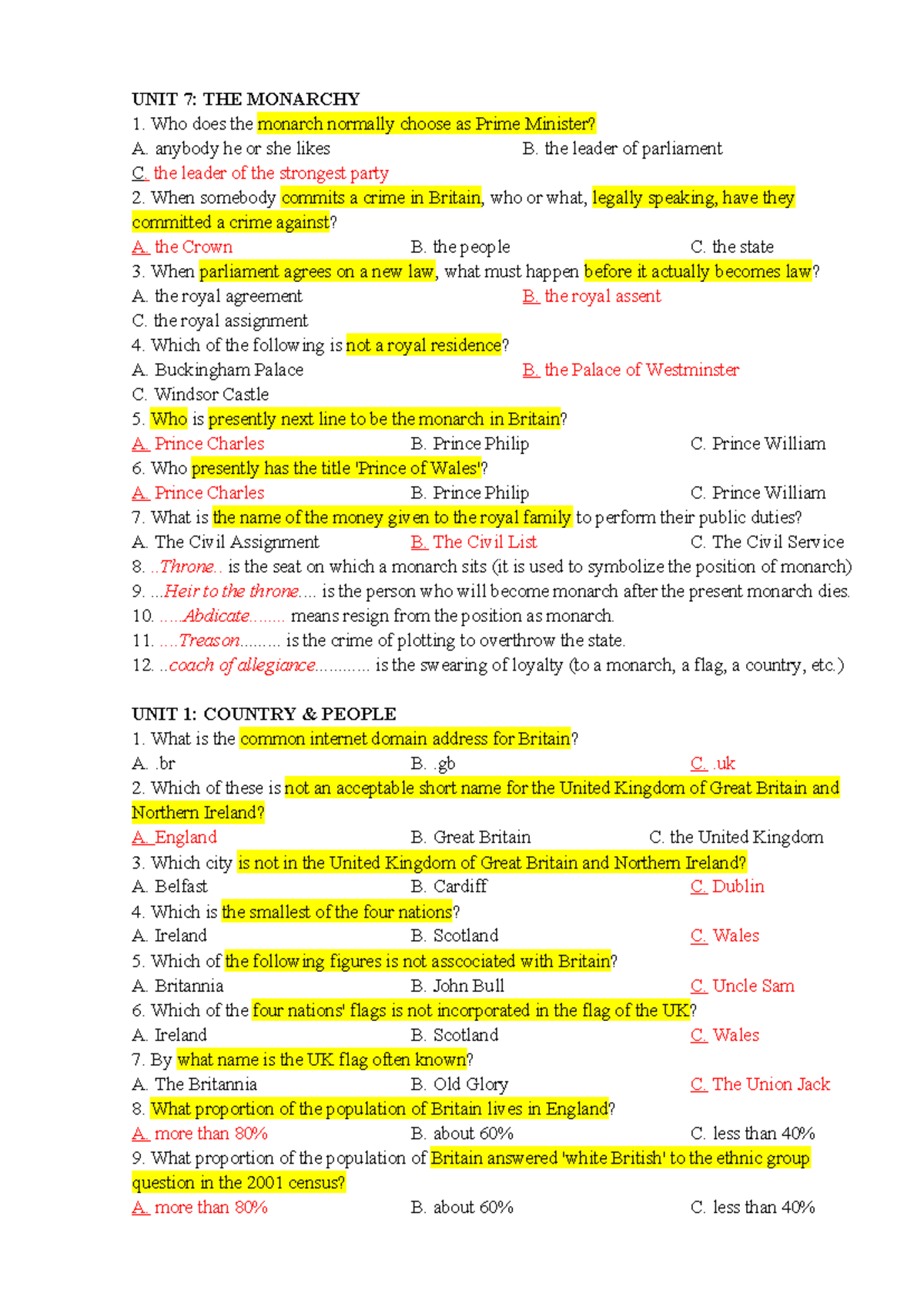 UNIT 7: THE MONARCHY - Key Concepts and Quiz Questions - Studocu