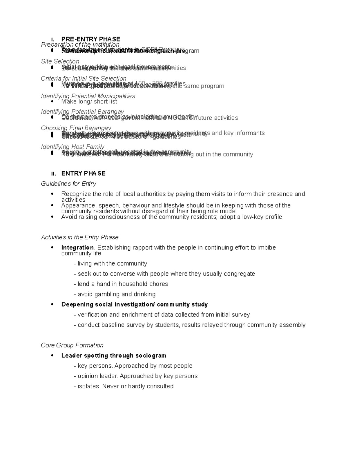 Activities Copar - I. PRE-ENTRY PHASE Preparation of the Institution ...