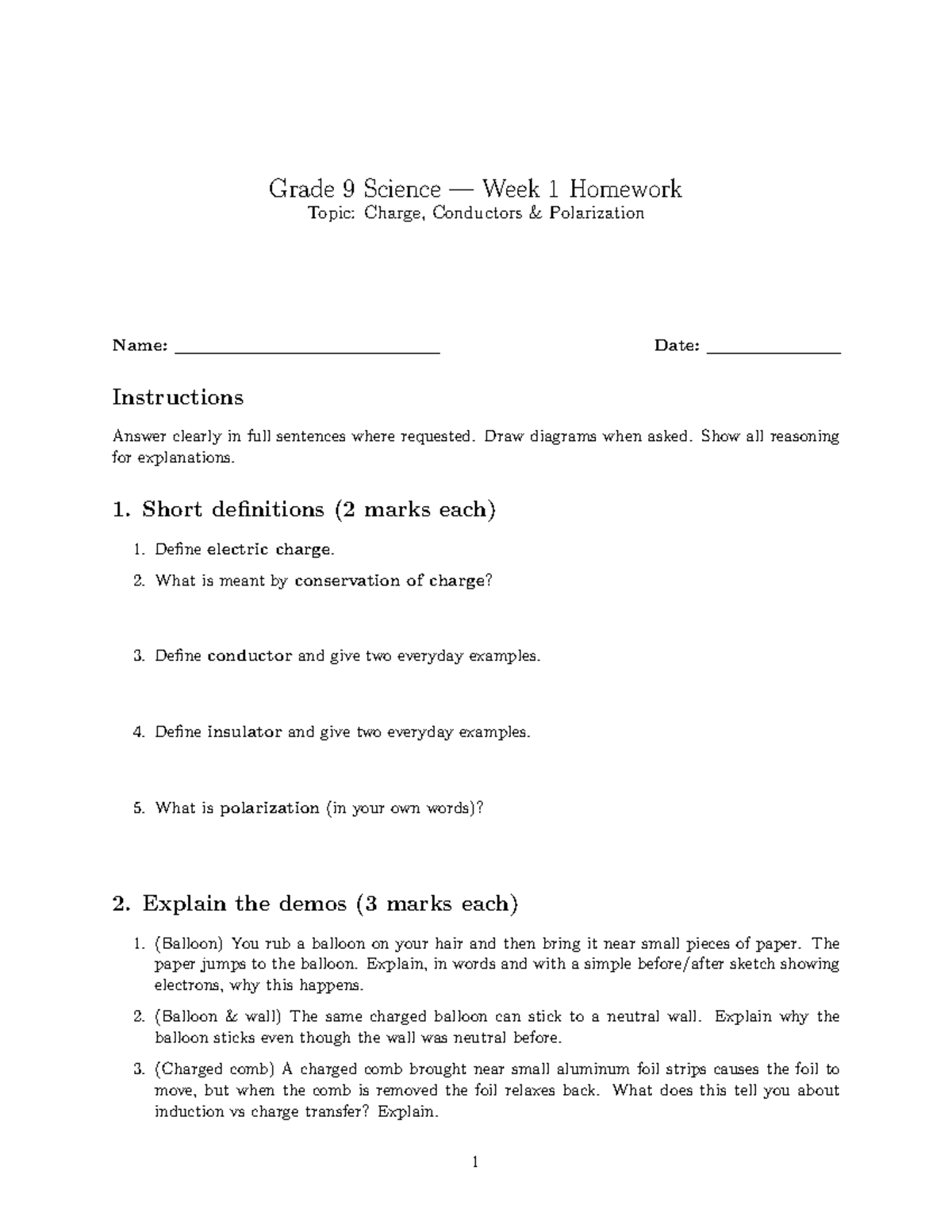 Grade 9 Science Week 1 Homework: Charge & Conductors - Studocu