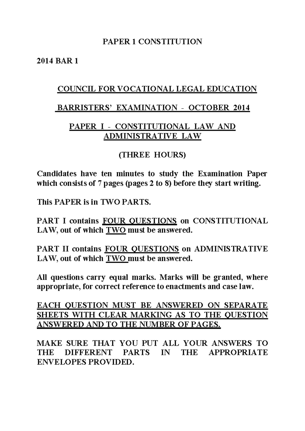 PAPER 1: Constitutional & Administrative Law Exam - October 2014 - Studocu
