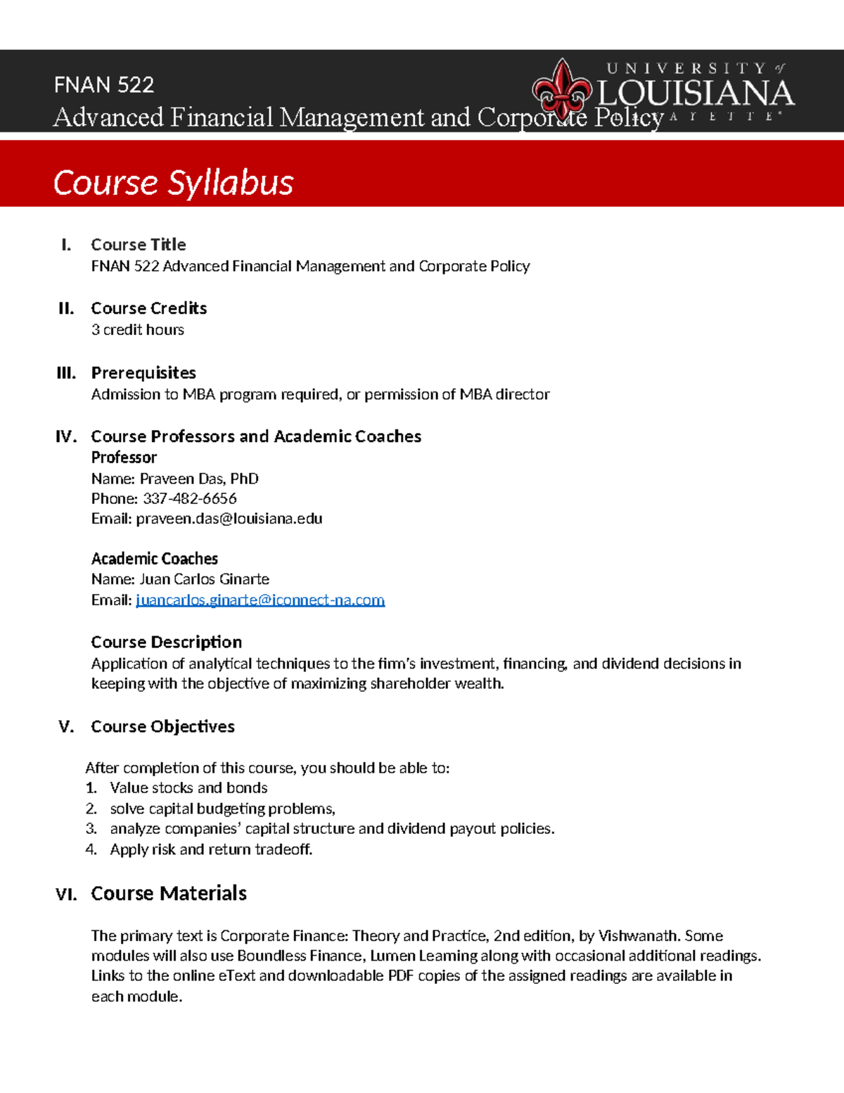 FNAN 522 Advanced Financial Management & Corporate Policy Syllabus ...