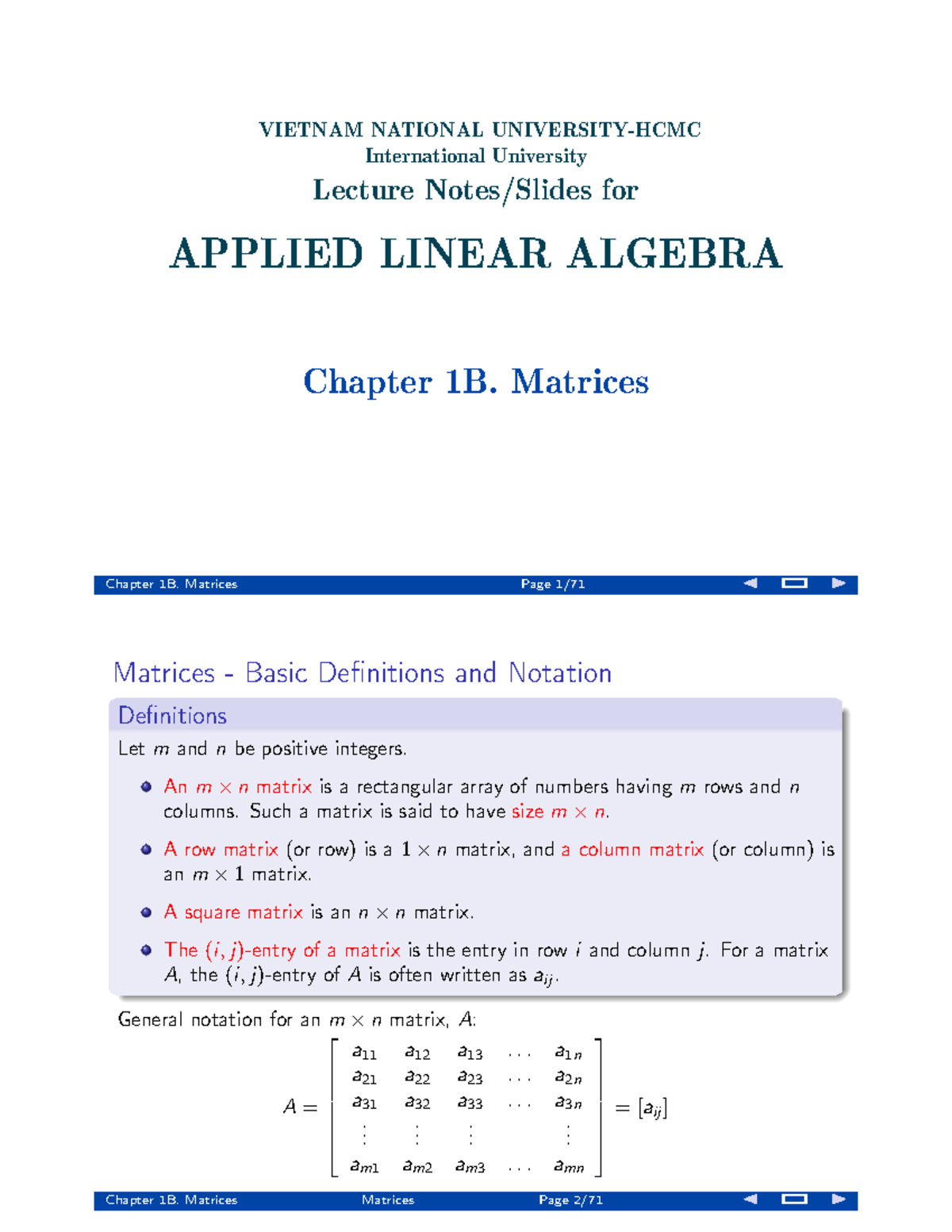 Applied Linear Algebra Lecture Notes: Chapter 1B - Matrices Overview ...