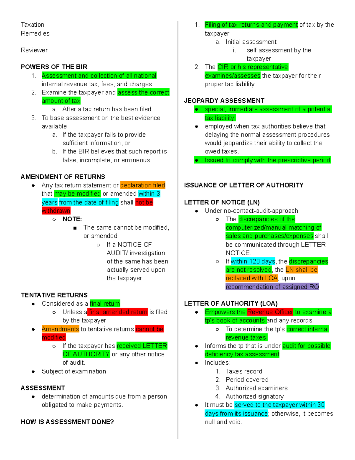 Taxation Remedies Reviewer: Powers of the BIR and Assessment Procedures ...