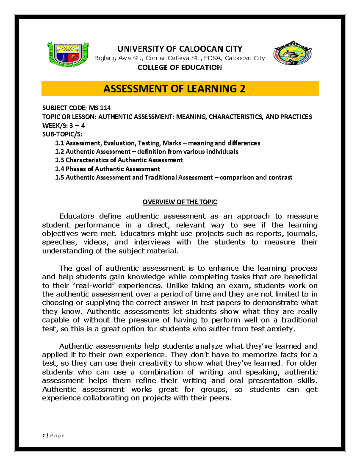 Assessment in Learning 2 Module 2 MS114 Elaborate - UNIVERSITY OF ...