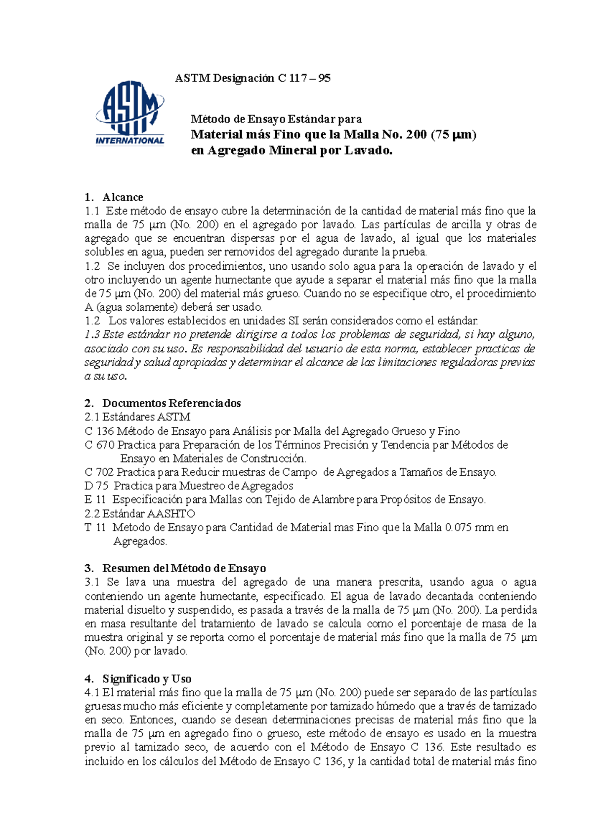 ASTM C 0117-95 - norma astm C0117-95 - ASTM Designación C 117 – 95 Método de Ensayo Estándar ...