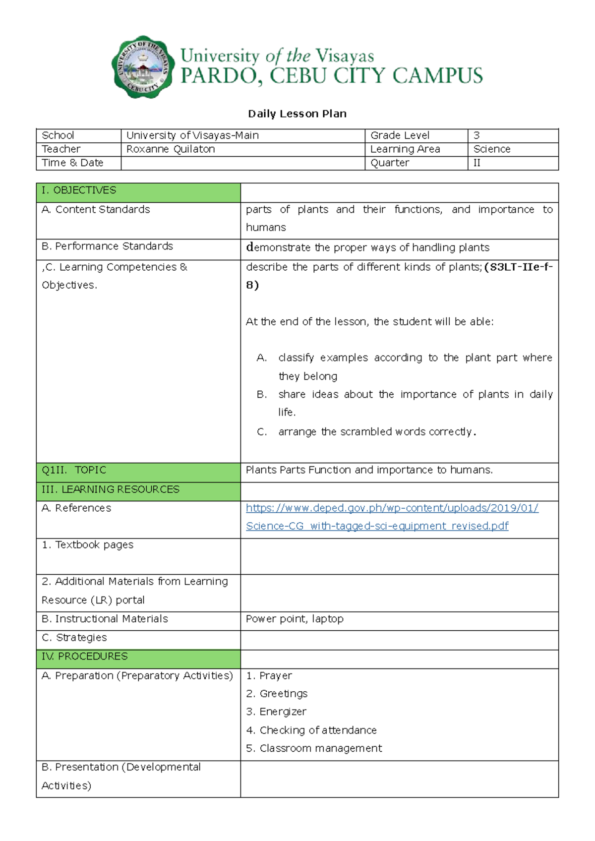 Science II Lesson Plan: Parts of Plants & Their Functions - Studocu