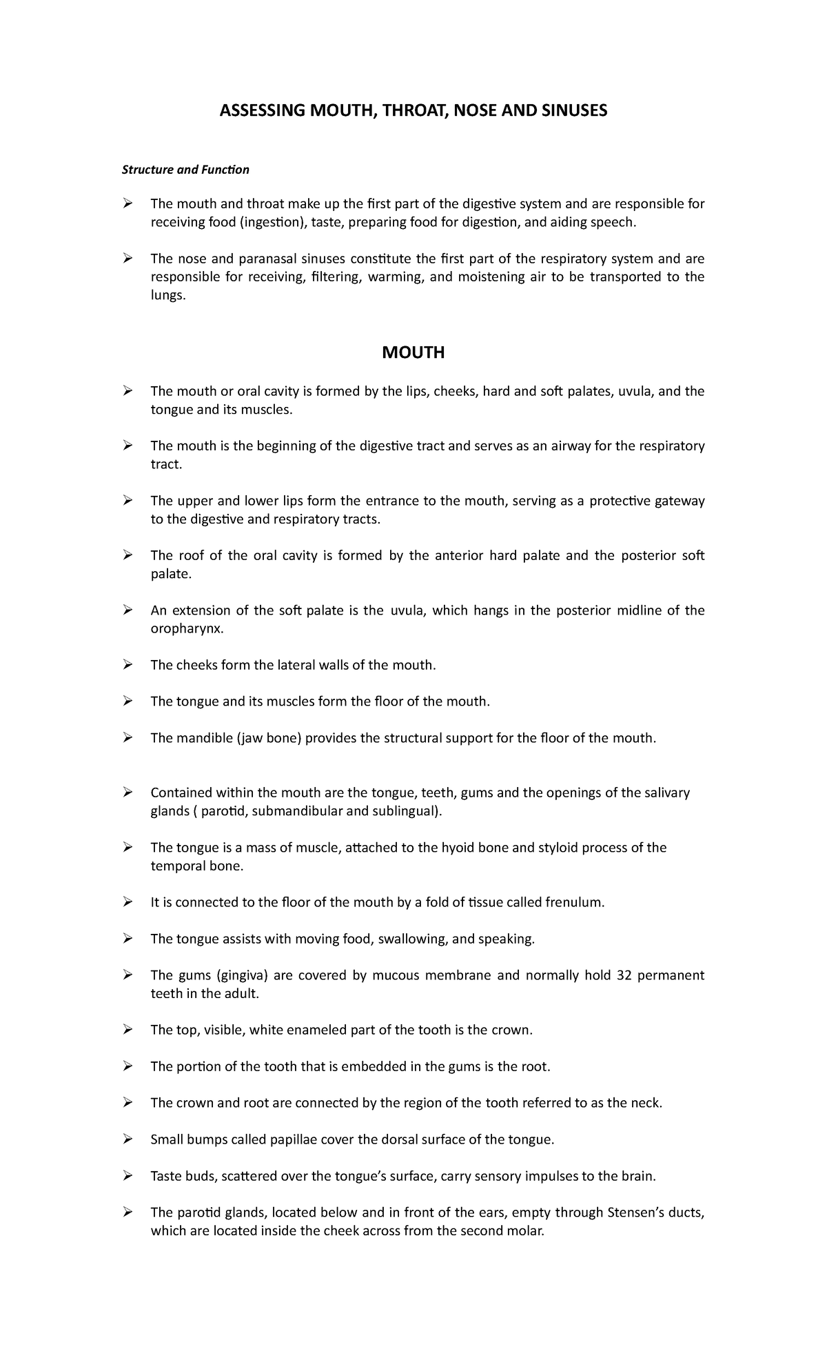 Mouth-Throat Assessment Study Notes for Anatomy 101 - Studocu