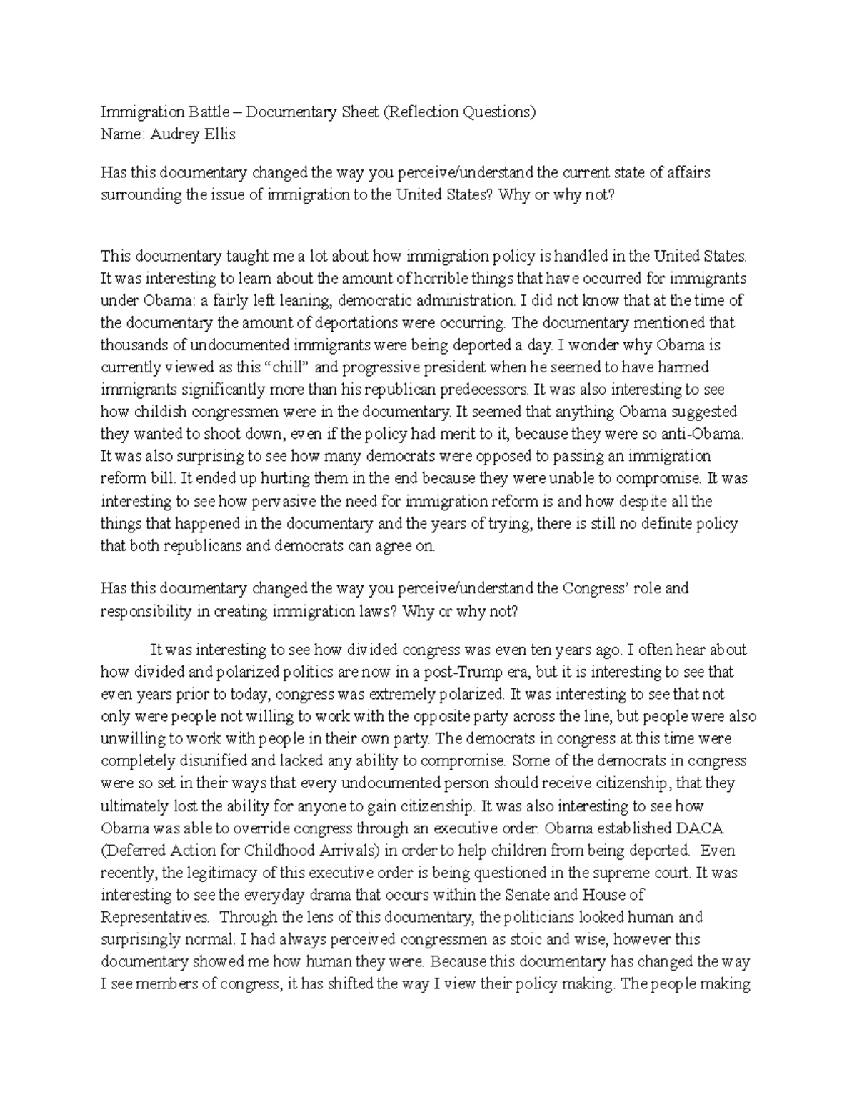 Immigration Battle – Reflection on Documentary Insights - Studocu