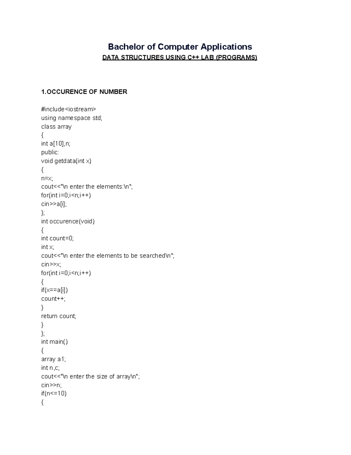DS LAB Programs: Data Structures Using C++ (BCA) - Studocu