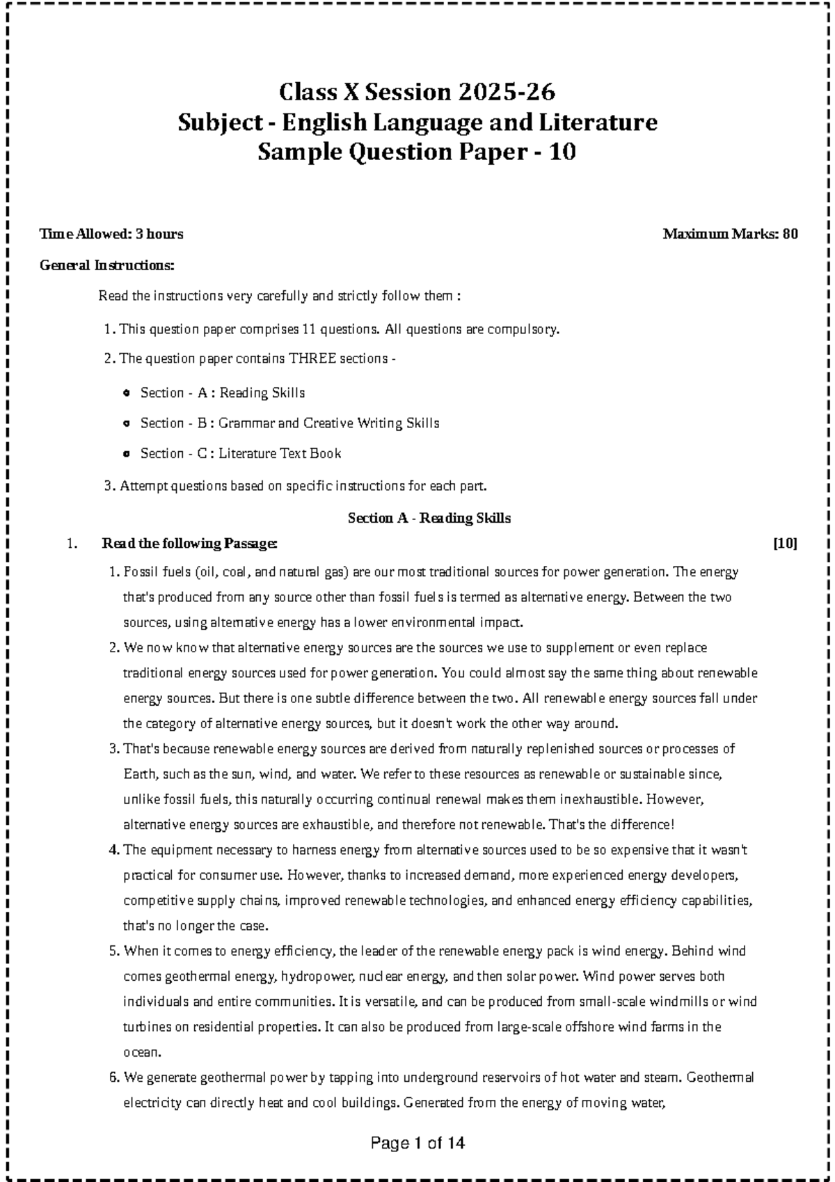 Class X English Language & Literature Sample Question Paper 10 - Studocu